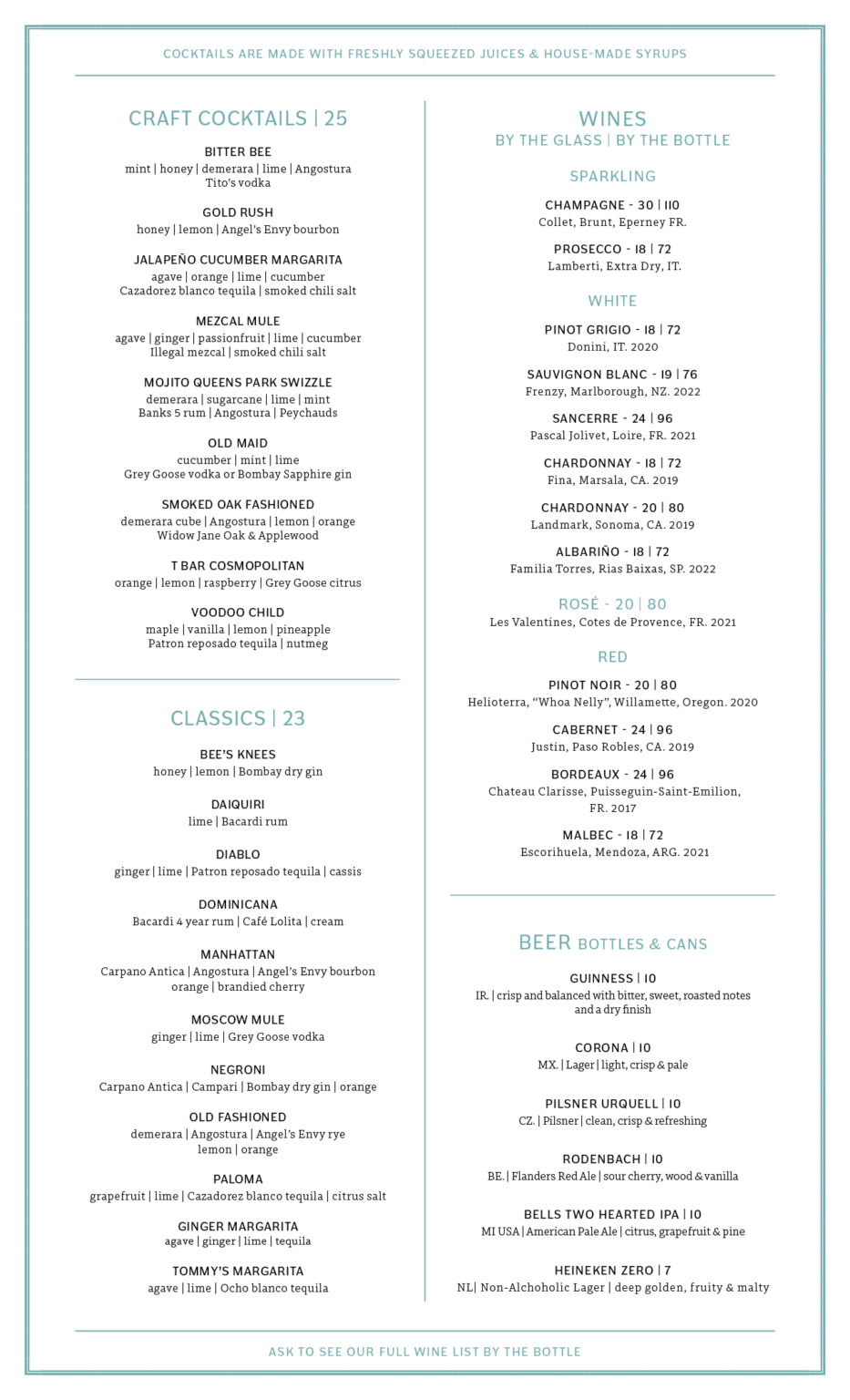 Menu – T BAR Southampton