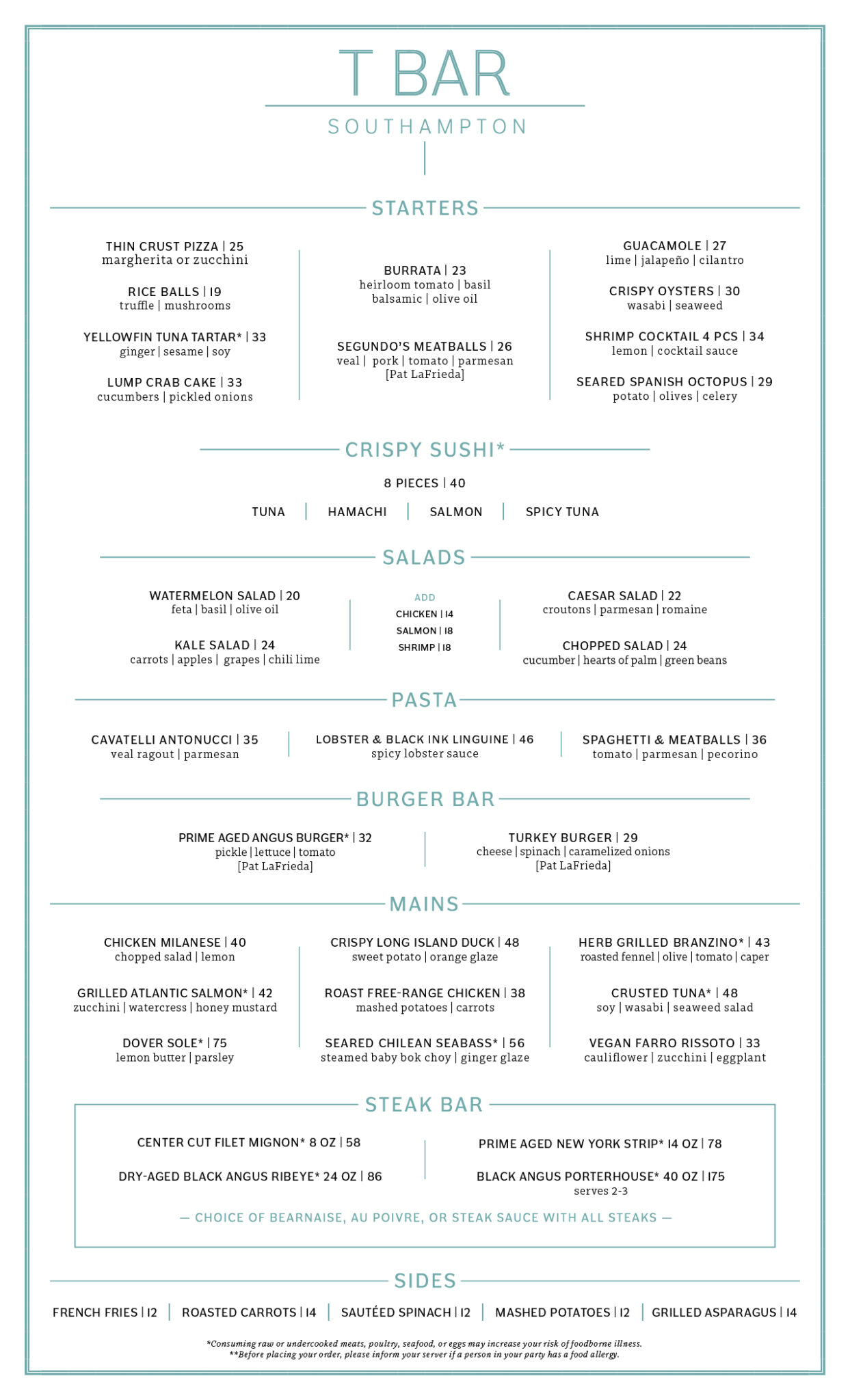 Menu – T BAR Southampton