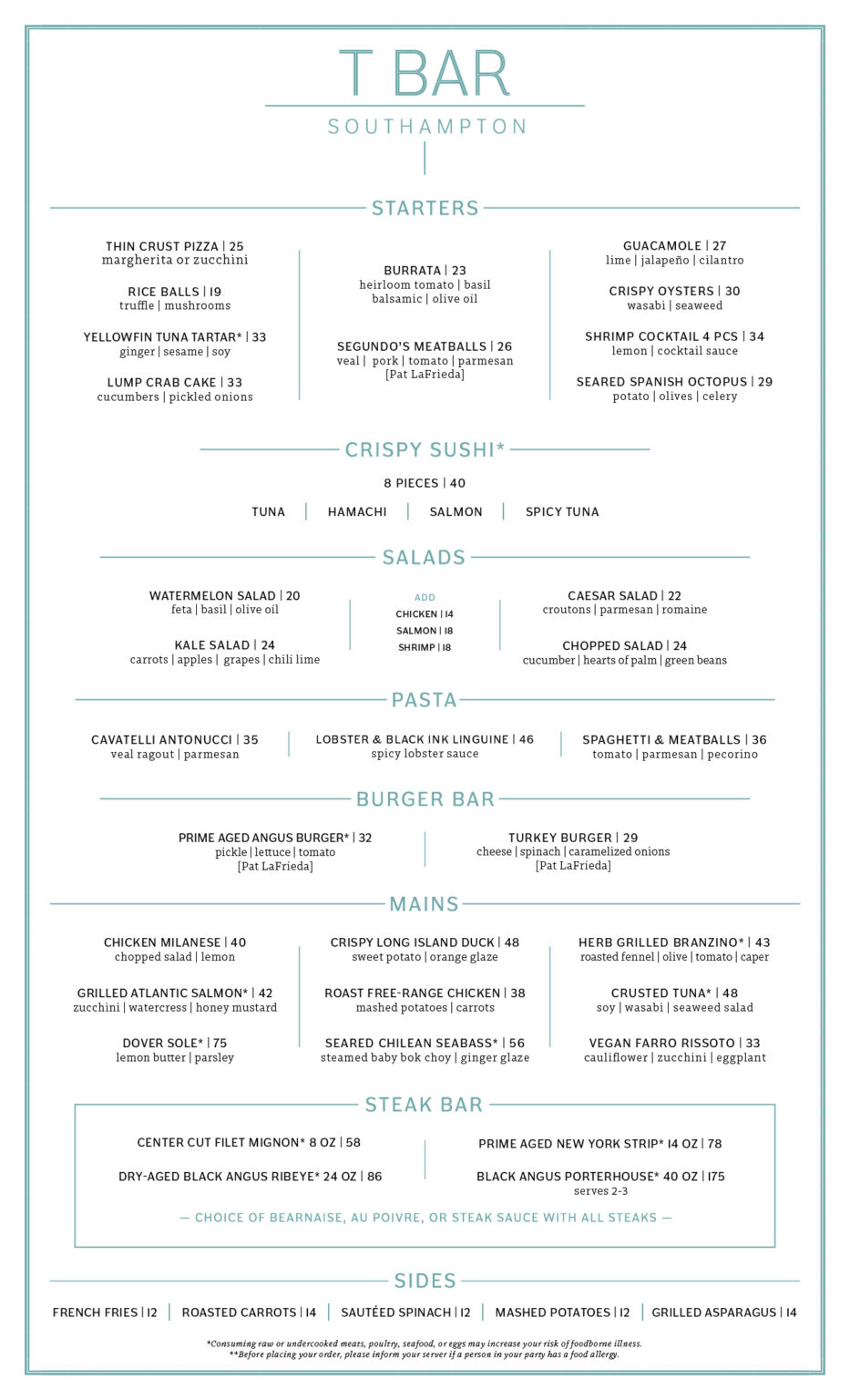 Menu – T BAR Southampton