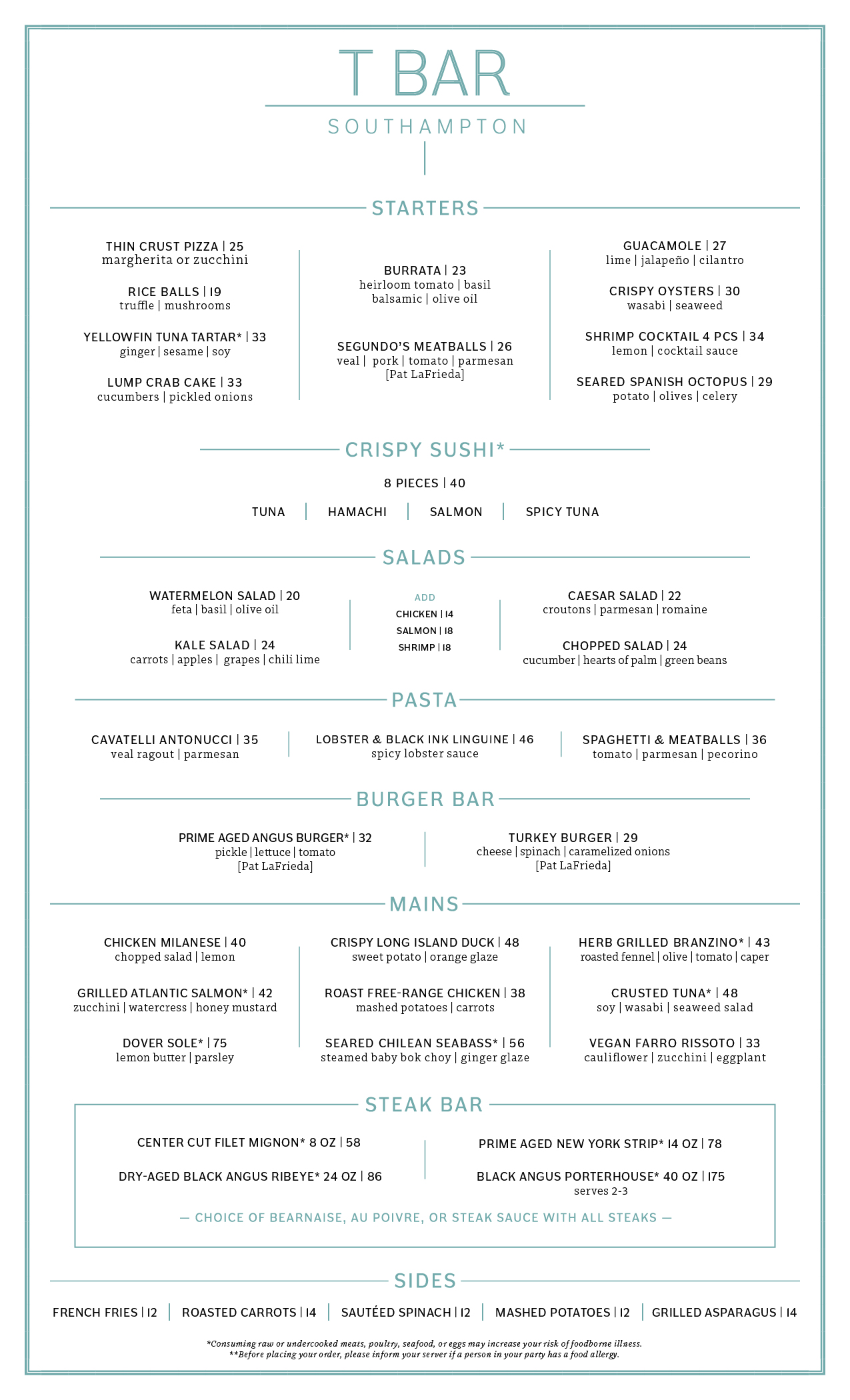 Menu – T BAR Southampton